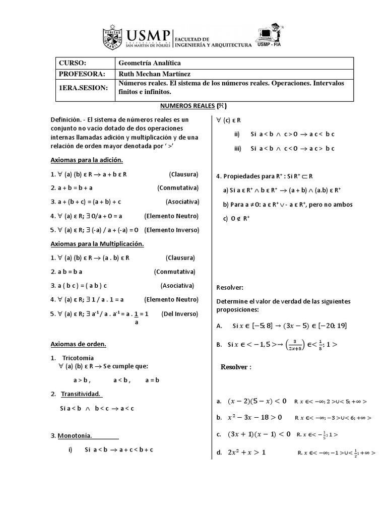 Separata #1 Numeros Reales - Operaciones. Intervalos Finitos e ...