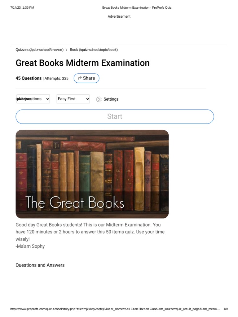 Great Books Midterm Examination - ProProfs Quiz | PDF | Epic Of ...