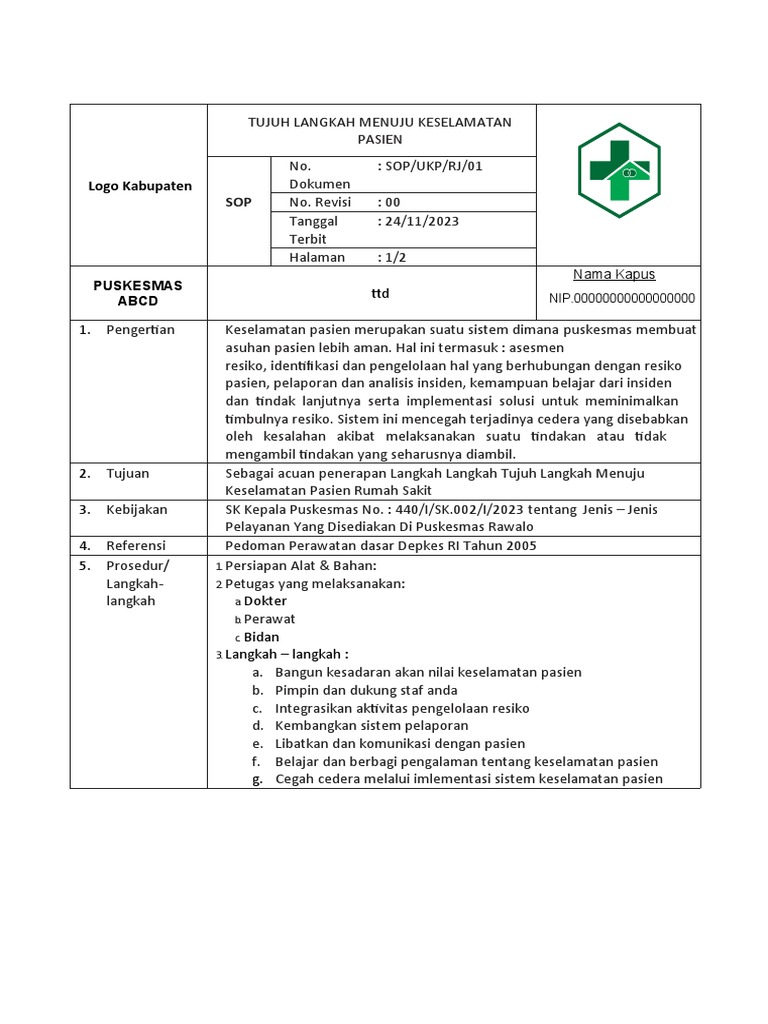 Sop Tujuh Langkah Menuju Keselamatan Pasien T F | PDF | Bisnis | Sains & Matematika