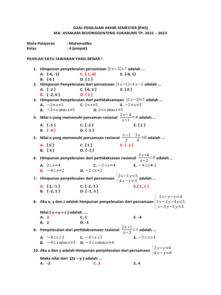 Soal Pas Ganjil 2022 MTK Kelas 4 | PDF