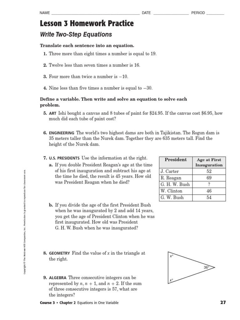 Lesson 3 Homework Practice: Write Two-Step Equations | PDF