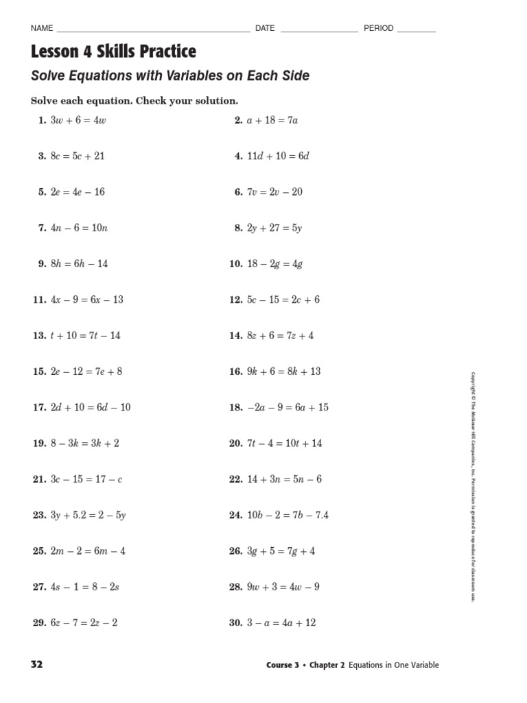 Lesson 4 Skills Practice: Solve Equations With Variables On Each Side | PDF
