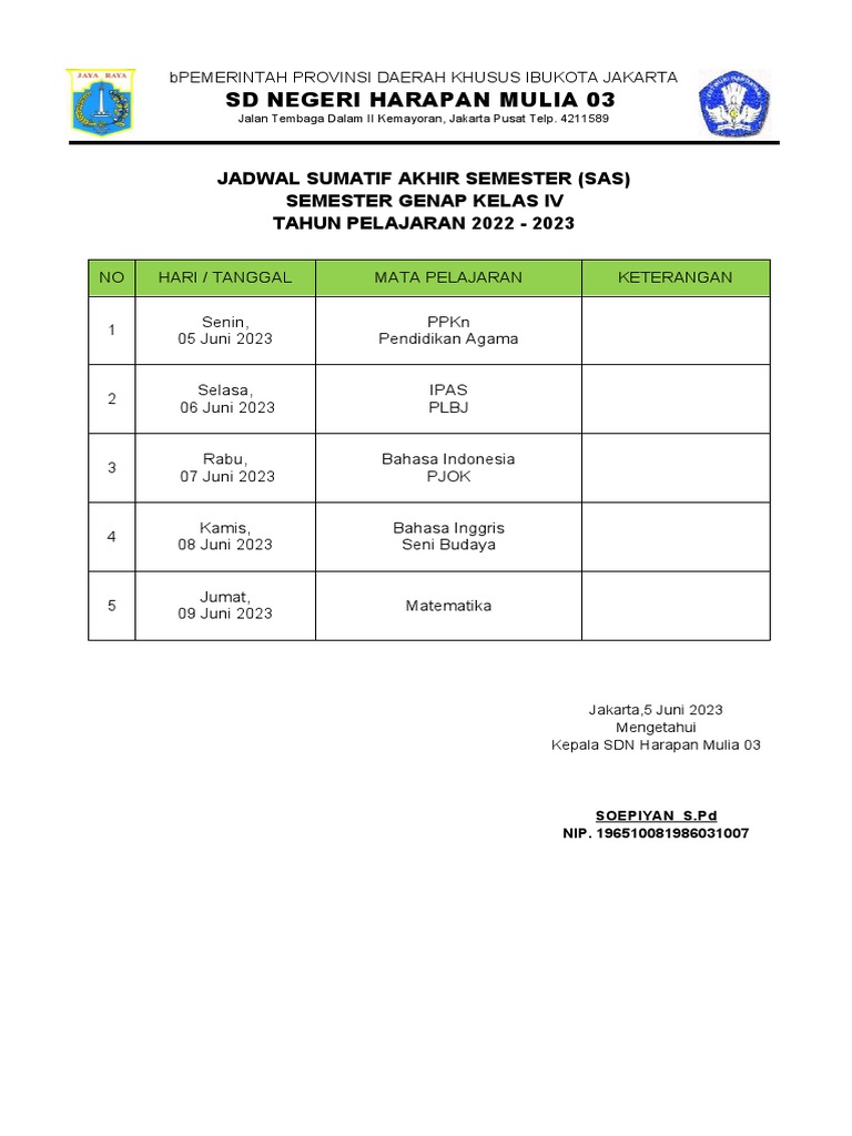 Jadwal Sas Kelas 4 | PDF