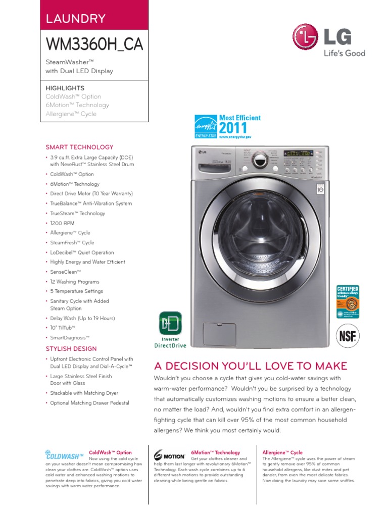 Wm3360hvca Spec Sheet | PDF | Washing Machine | Manufactured Goods