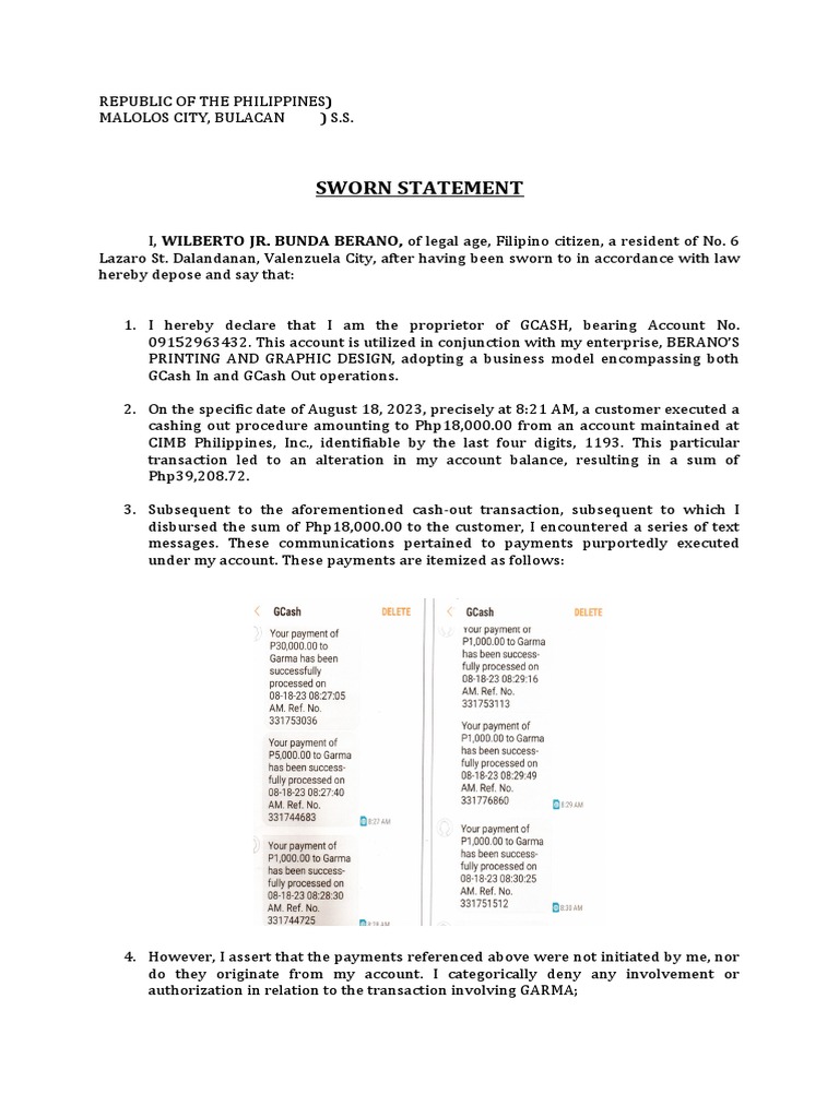 Sworn Statement For Hack Gcash | PDF