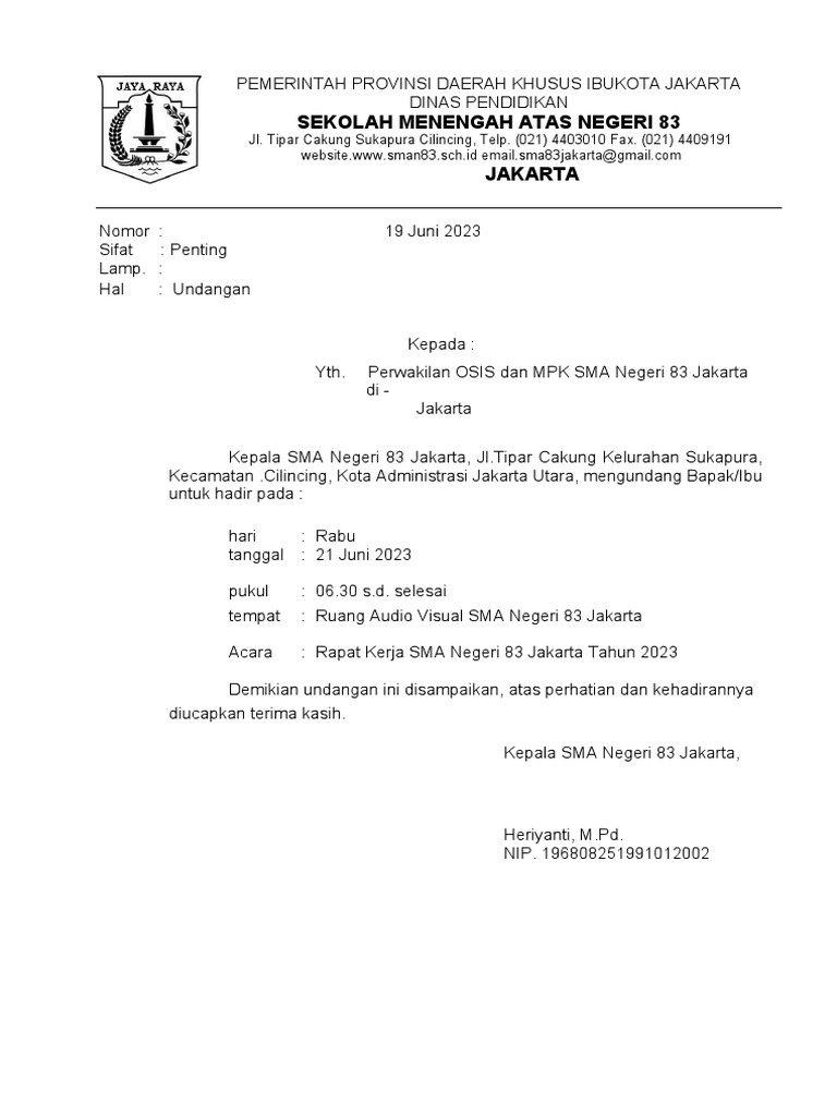 Surat Undangan Raker Untuk Osis Dan MPK Paket Sman 83 | PDF Surat Undangan Raker Untuk Osis Dan MPK Paket Sman 83 | PDF