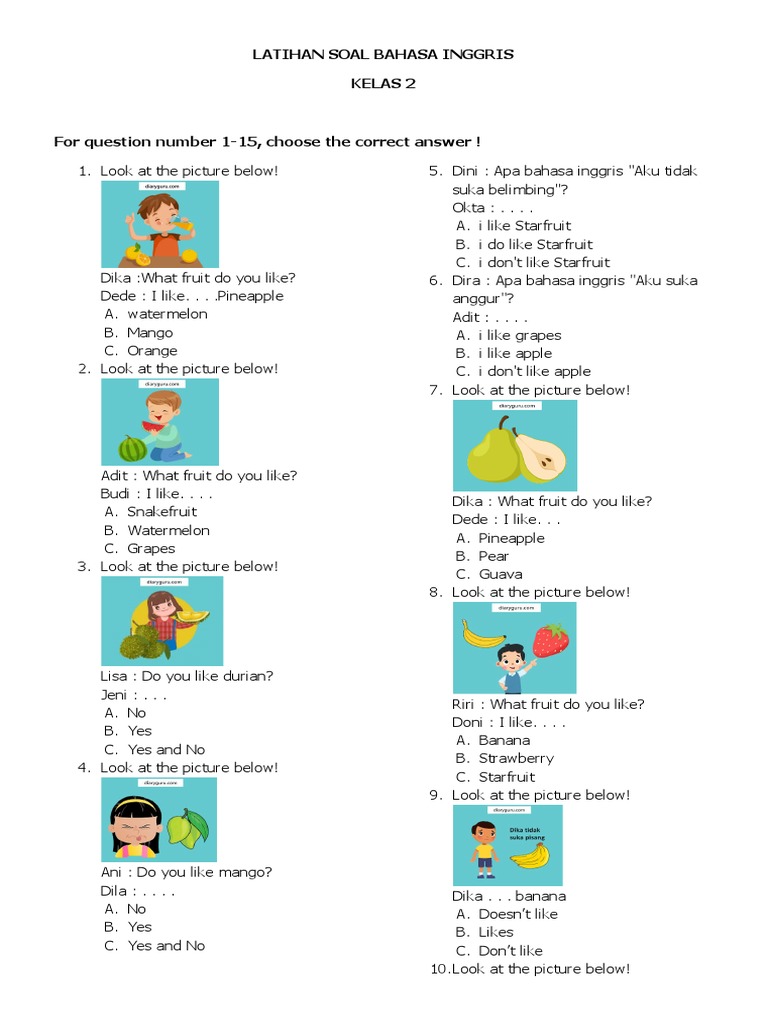 Latihan Soal Bahasa Inggris Kelas 2 | PDF | Plants | Tropical Fruit