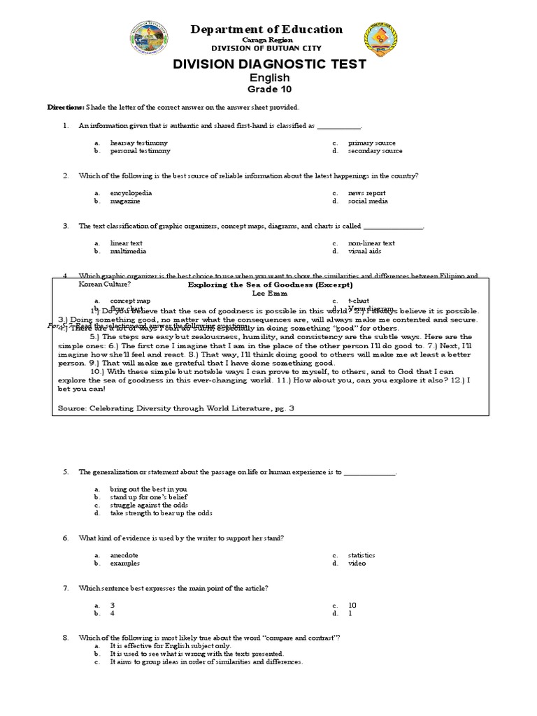 ENG 10 DIAGNOSTIC TEST FINAL Ver | PDF | Essays | Narration