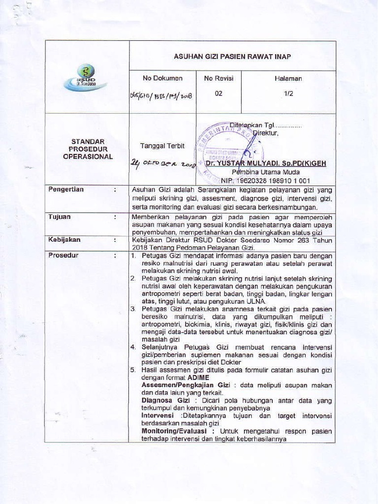 Sop 4. Asuhan Gizi Pasien Rawat Inap | PDF