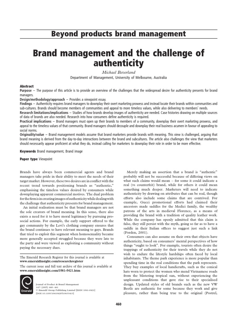 Brand Management and The Challenge of Authenticity | PDF
