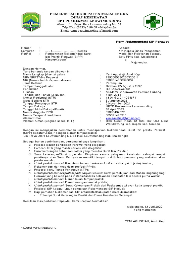Form Rekomendasi SIP Perawat | PDF