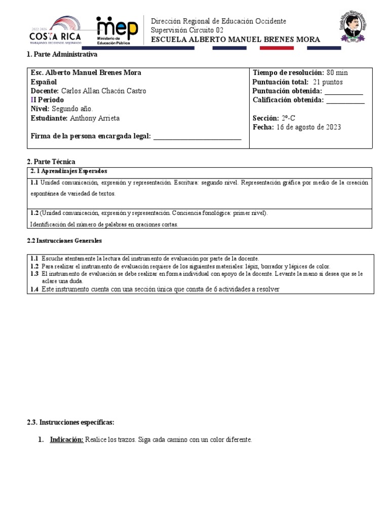 2º Prueba Comprensiva de Español Anthony Arrieta | PDF