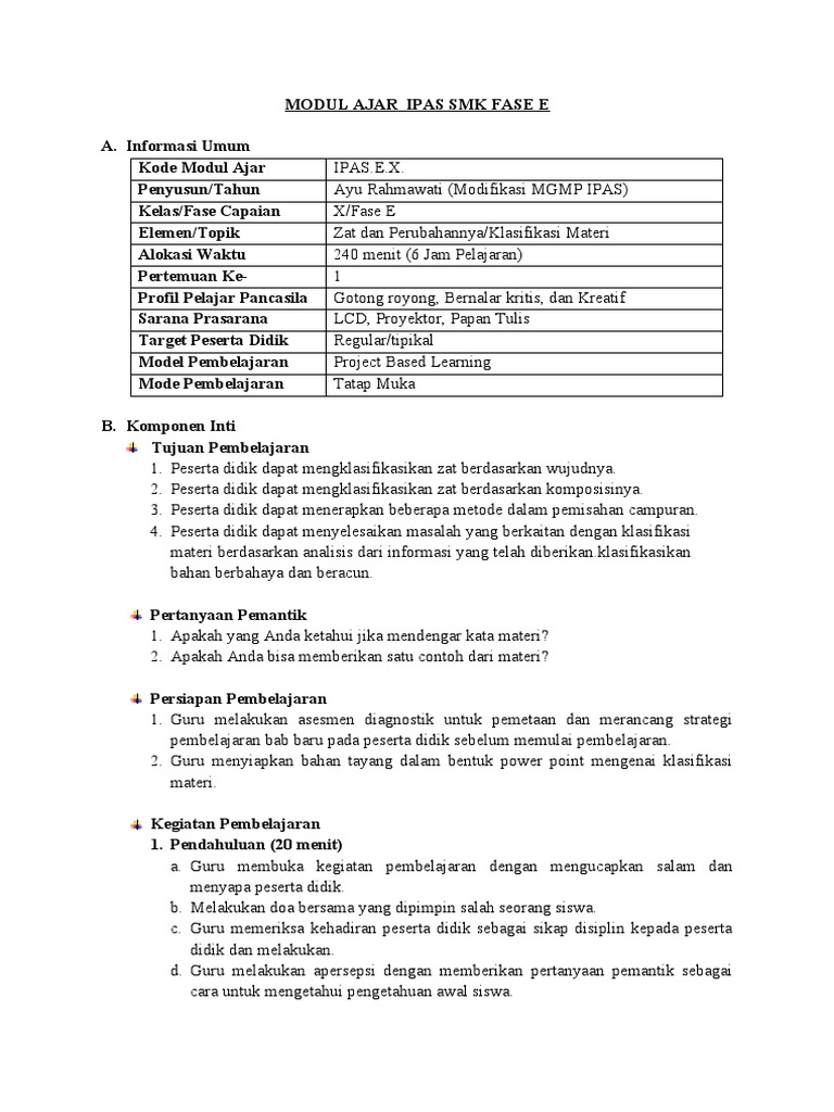 Modul Ajar - Proyek IPAS Zat Dan Perubahannya | PDF Modul Ajar - Proyek IPAS Zat Dan Perubahannya | PDF