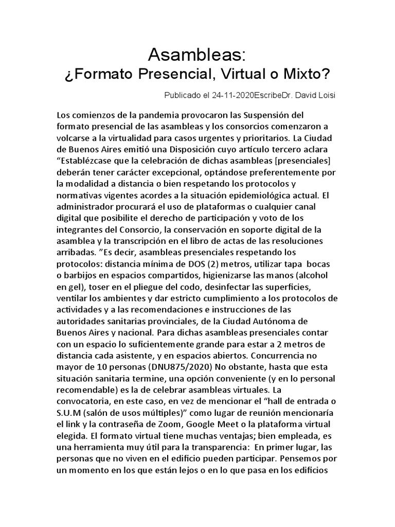 Asambleas. Formato Presencial, Virtual o Mixto | PDF