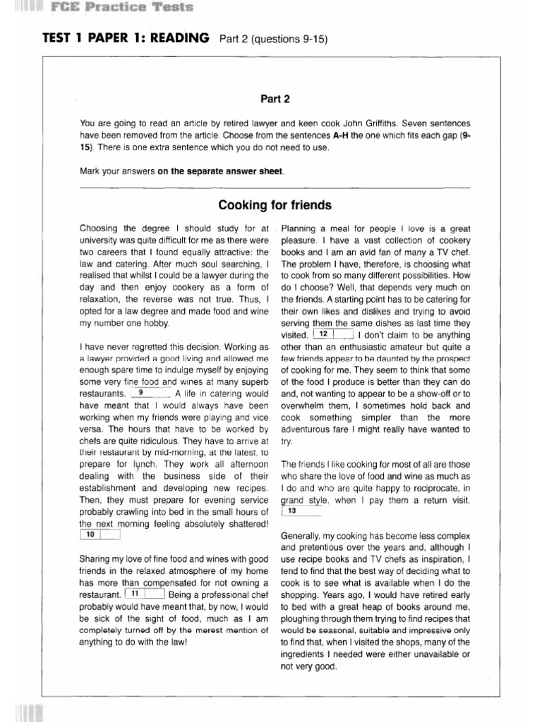 Test 1 Paper 1: Reading: Cooking For Friends | PDF | Lifestyle