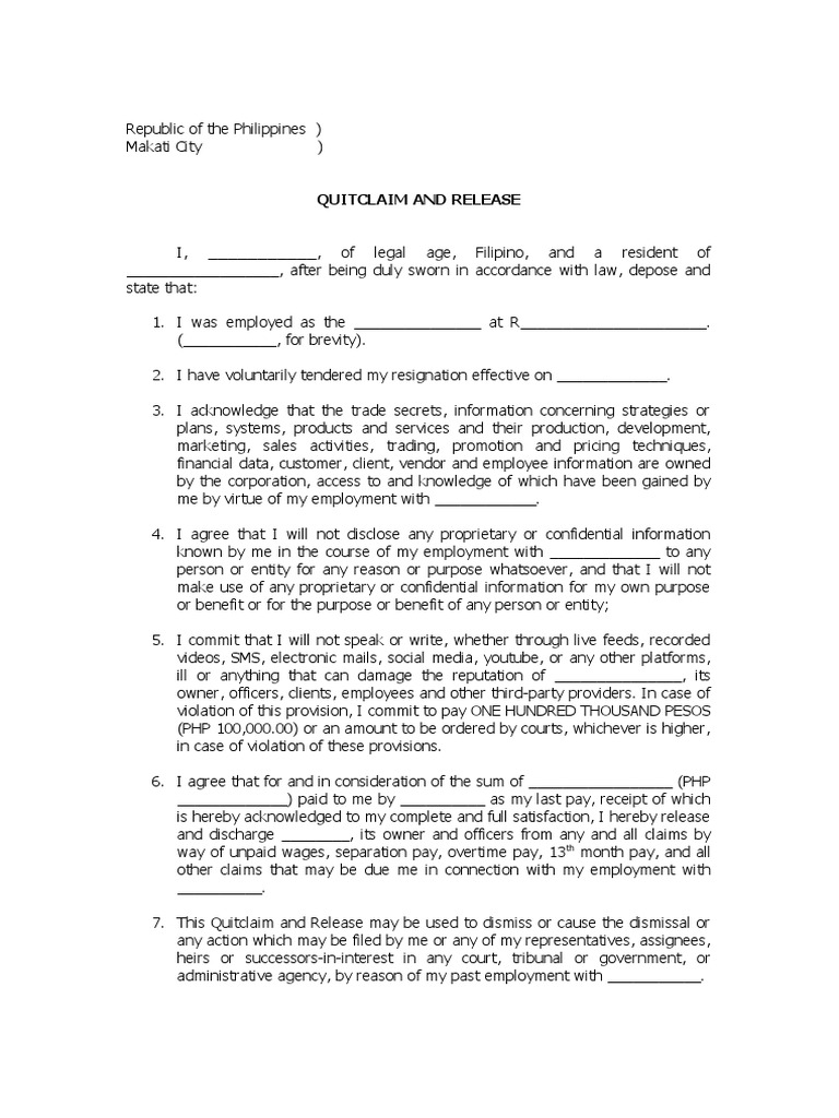 Quitclaim and Release - Template | PDF | Employment | Justice