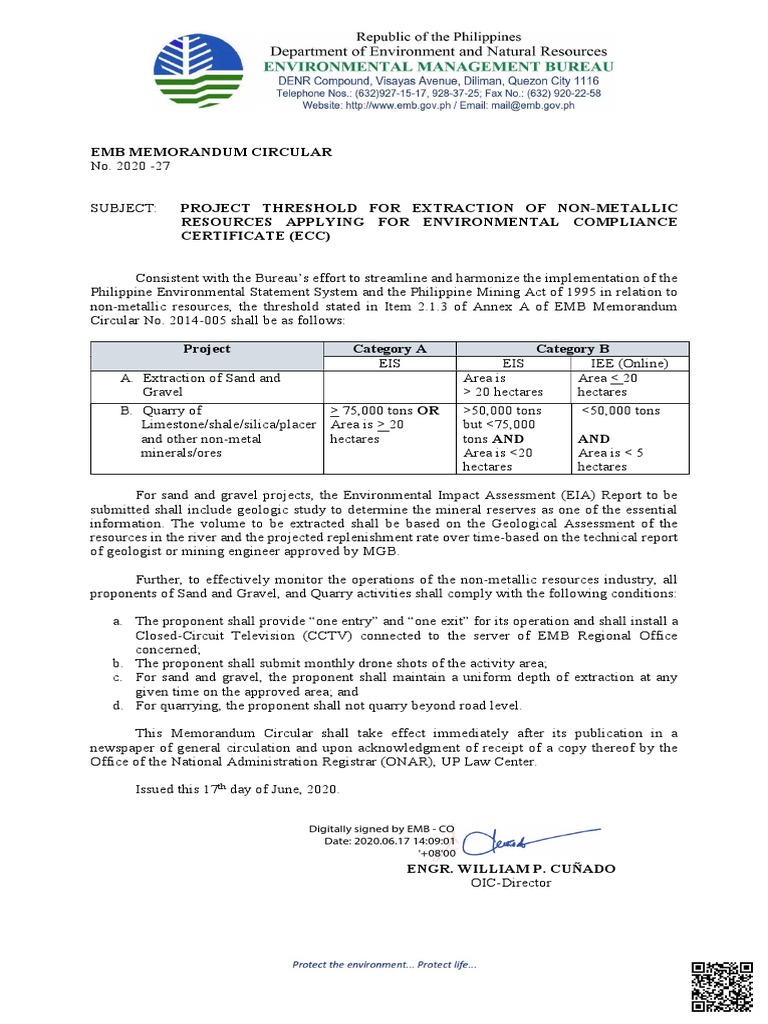 EMB MC 2020-27 - Quarry New Project Threshold Guidelines | PDF | Mining