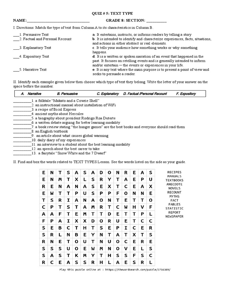 8th Grade Text Types Quiz | PDF
