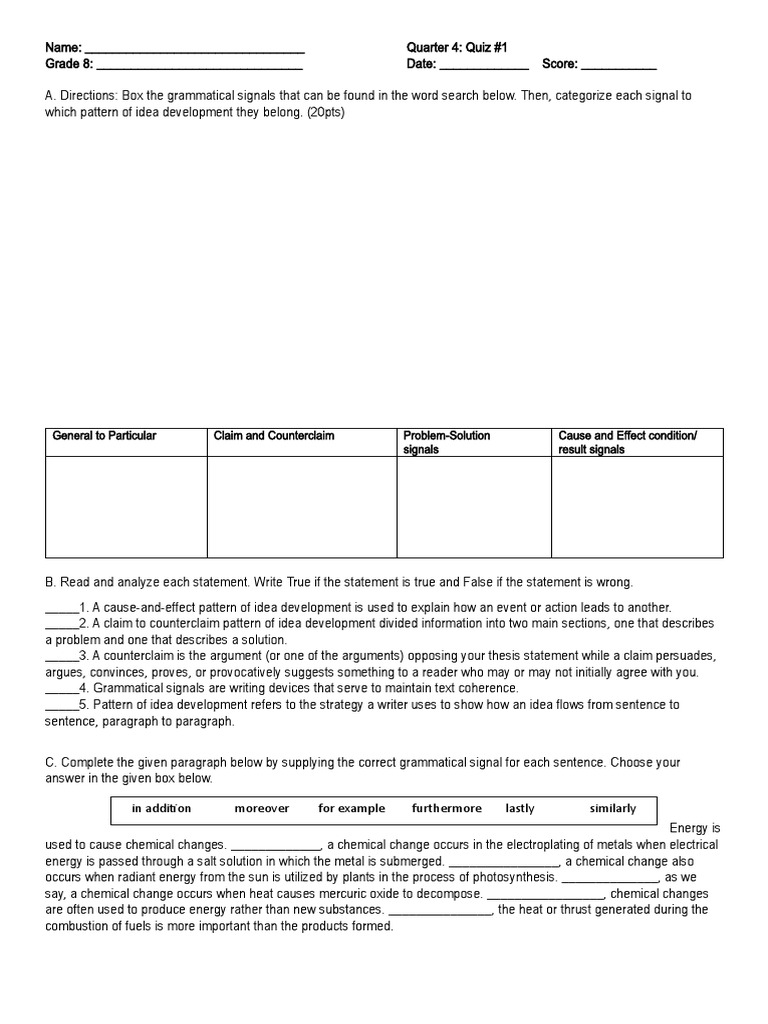 Q4-Quiz 1 (Grammatical Signals) | PDF | Causality