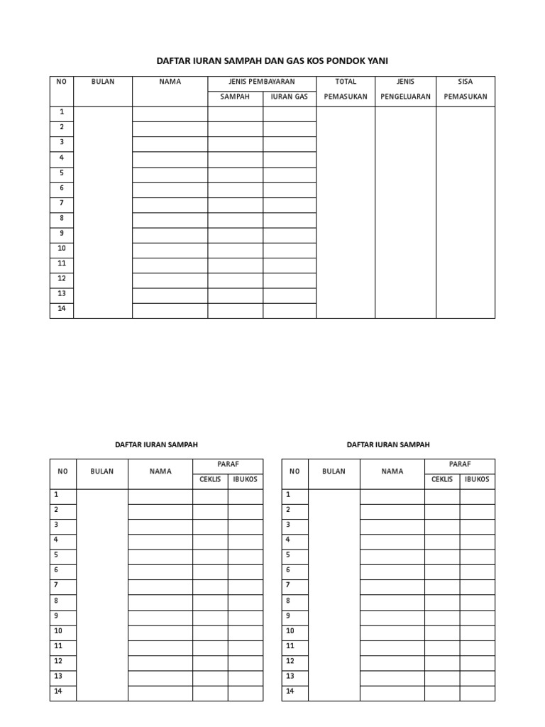 Daftar Iuran Sampah Dan Gas Kos Pondok Yani | PDF