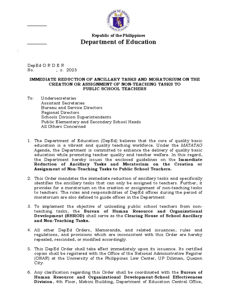 Annex B - Interim Policy On The Ancillary Tasks of Teachers | PDF | Teachers | Schools