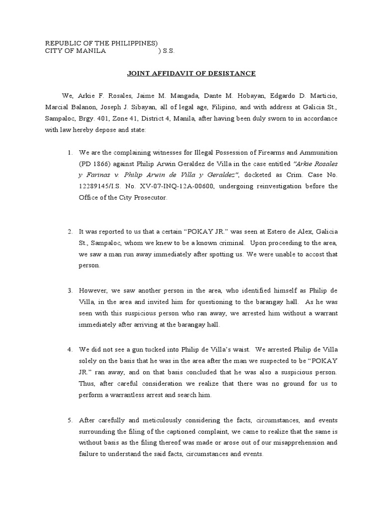 Sample Affidavit of Desistance 2 | PDF | Crime & Violence | Law Enforcement