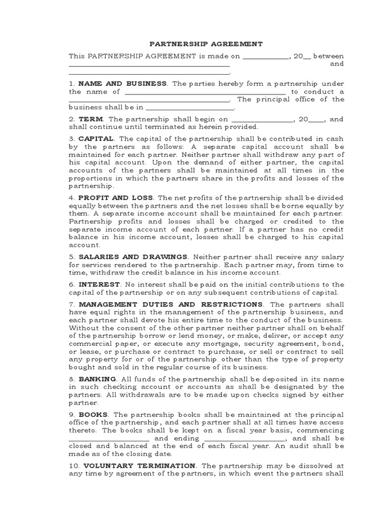 Sample Partnership Agreement Template | PDF | Partnership | Debt