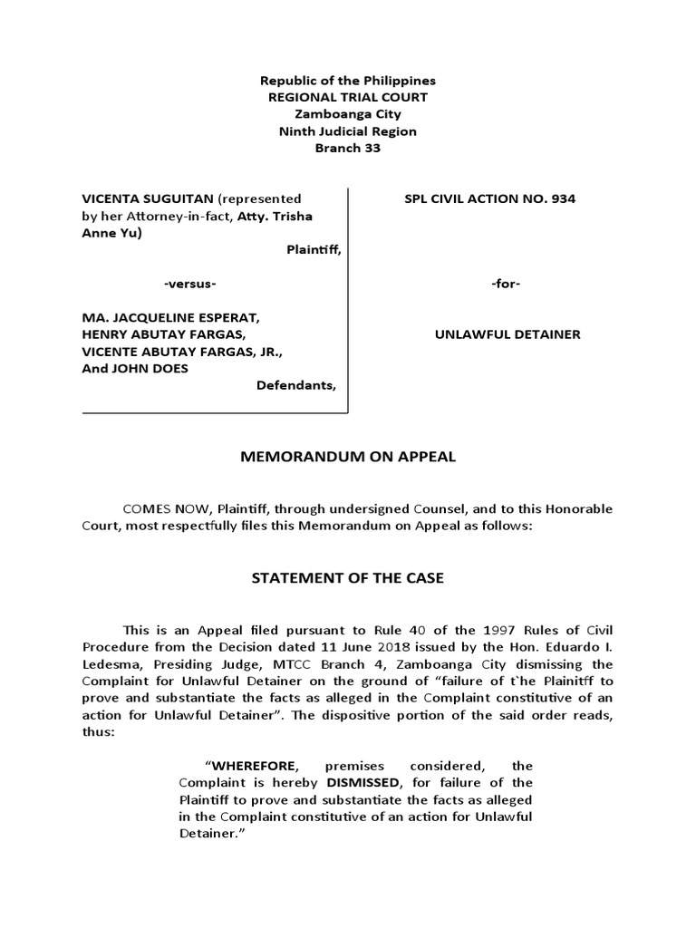 Sample Memorandum On Appeal For Unlawful Detainer | PDF | Complaint ...