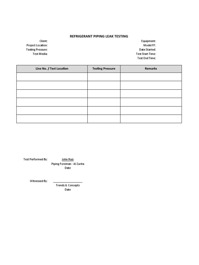 Sample of Pipe Testing Form | PDF | Plumbing | Domestic Implements