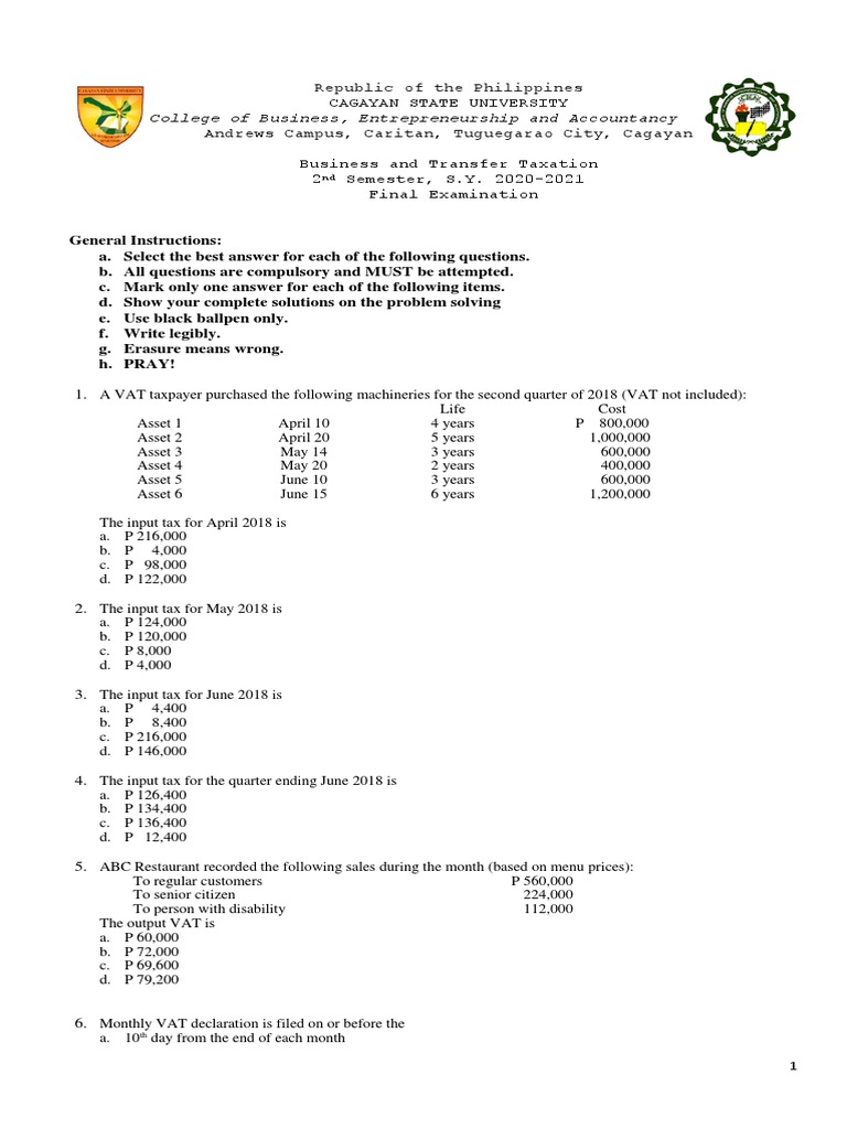 Final Exams Business and Transfer Tax | PDF