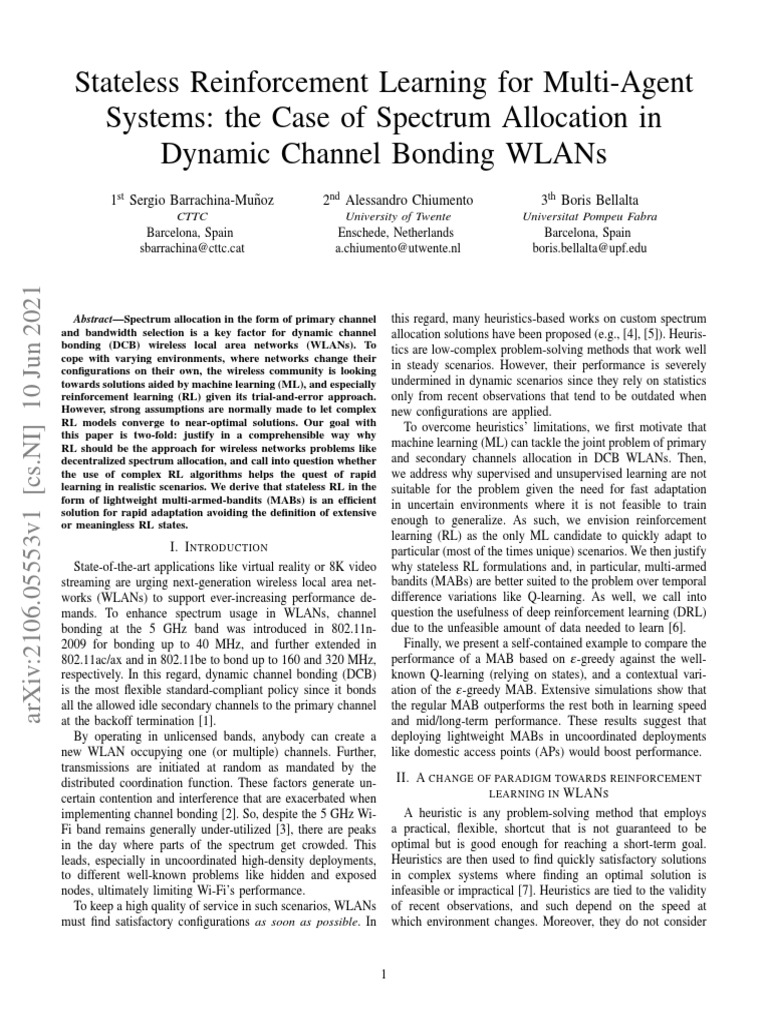 Stateless RL for WLAN Spectrum Allocation | PDF | Ieee 802.11 | Learning