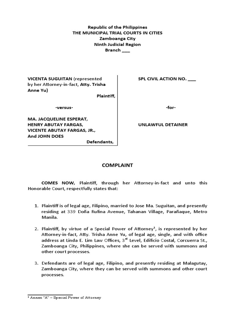 Sample Complaint For Unlawful Detainer | PDF | Lawsuit | Complaint