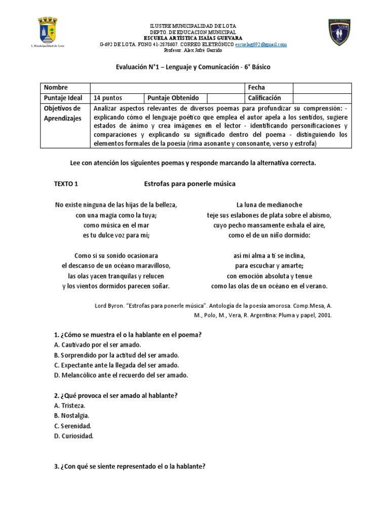 Evaluación de Poesía para 6° Básico | PDF | Poesía | Amor