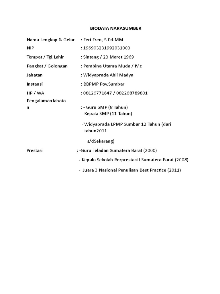 Biodata Narasumber Feri Fren | PDF