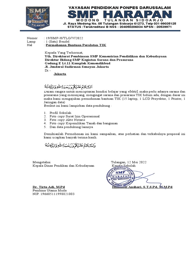 Proposal TIK Pusat SMP HARAPAN 2022 Surat | PDF