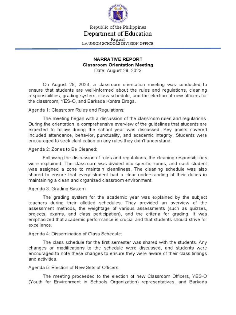Class Orientation Narrative Report | PDF