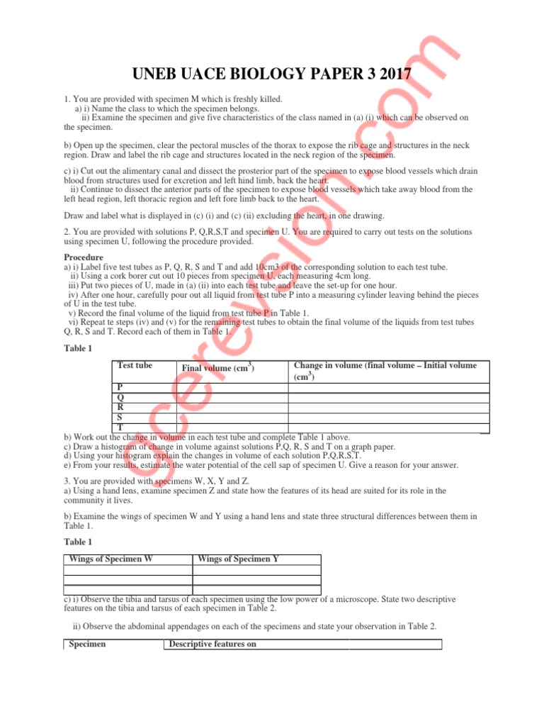 Uneb Uace Biology Paper 3 2017 | PDF | Thorax