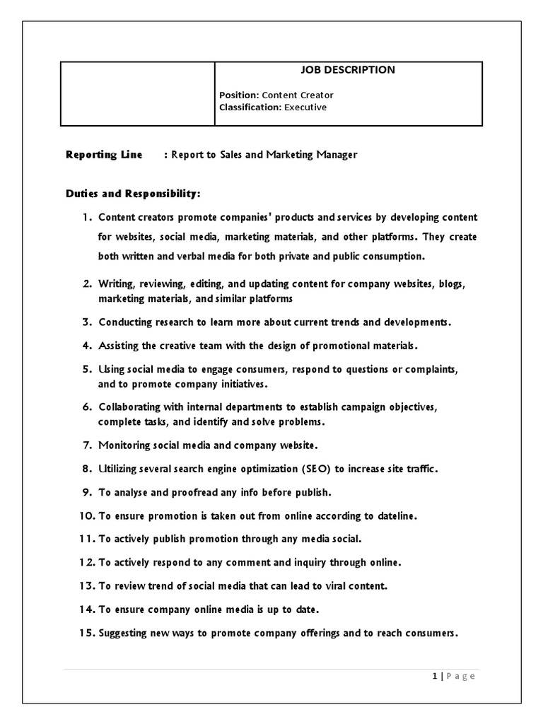 Content Creator Job Description | PDF | Career & Growth