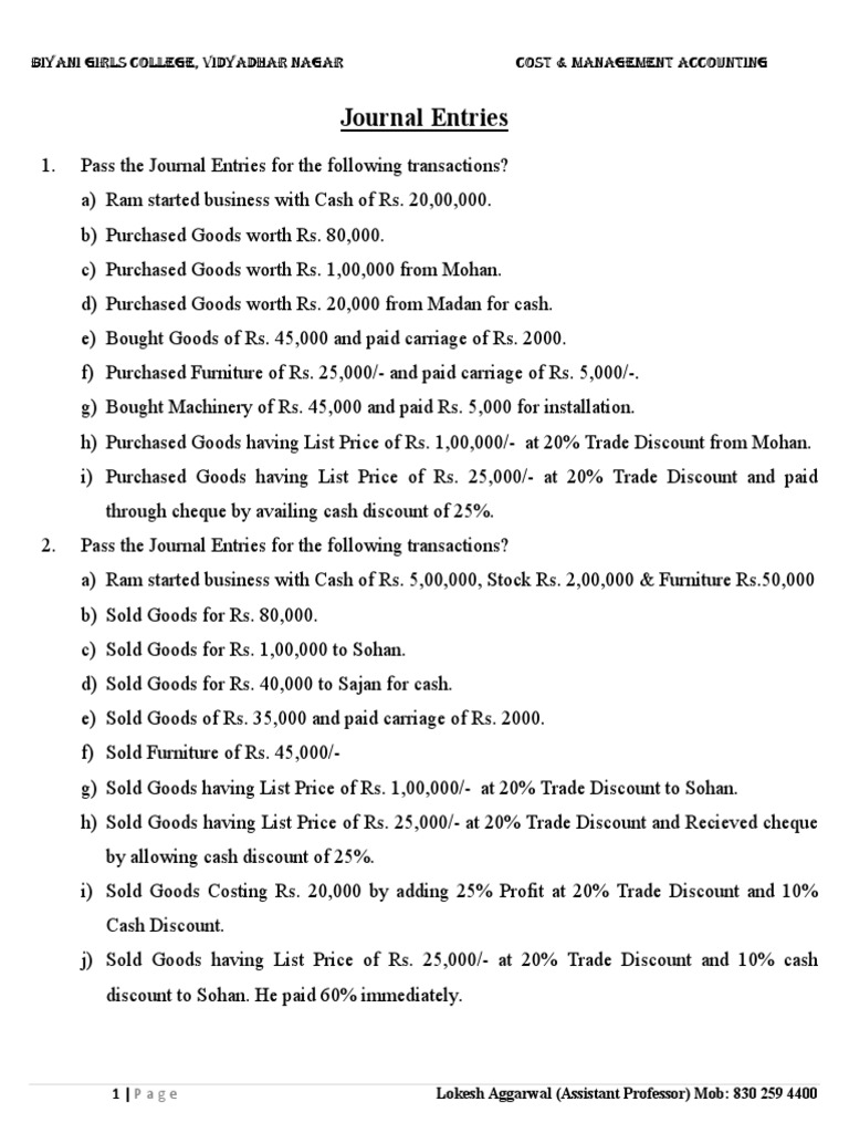 Journal Entries for Accounting Practice | PDF | Cheque | Discounts And ...