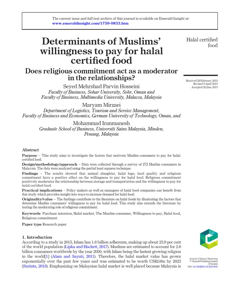 Determinants of Muslims' Willingness To Pay For Halal Certified Food ...