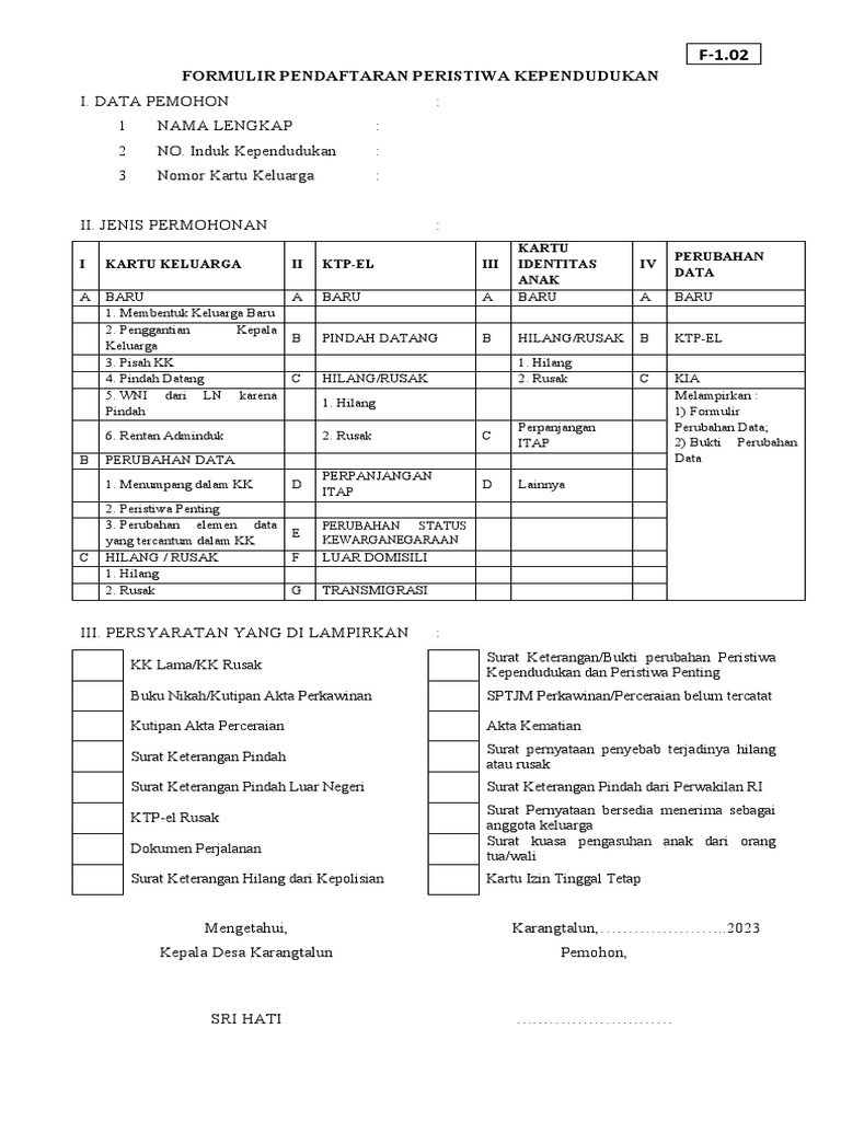 Formulir Pendaftaran Kependudukan | PDF