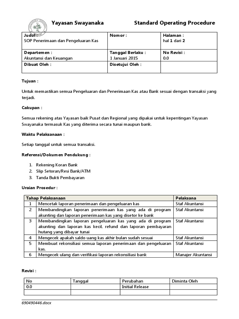 SOP Penerimaan Dan Pengeluaran Kas | PDF