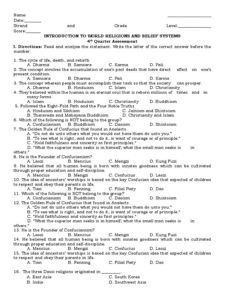 World Religions Assessment Guide | PDF | Religion & Spirituality