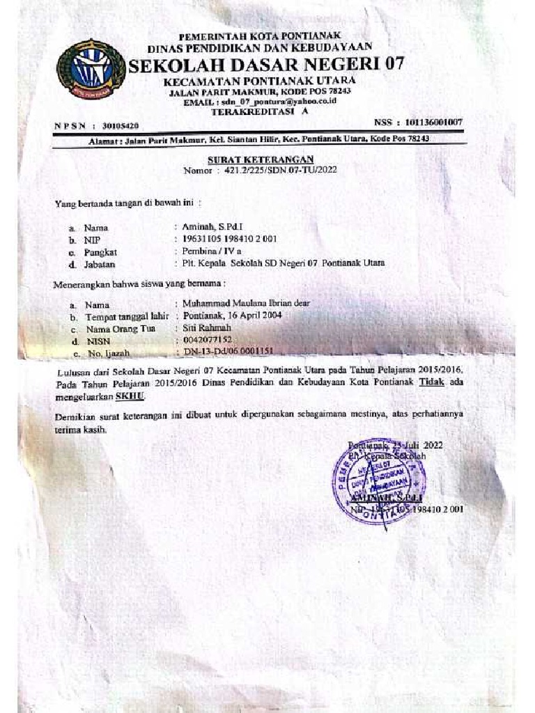 Muhammad Maulana Ibrian Dear - Surat Keterangan Tidak Mengeluarkan Skhu SD | PDF