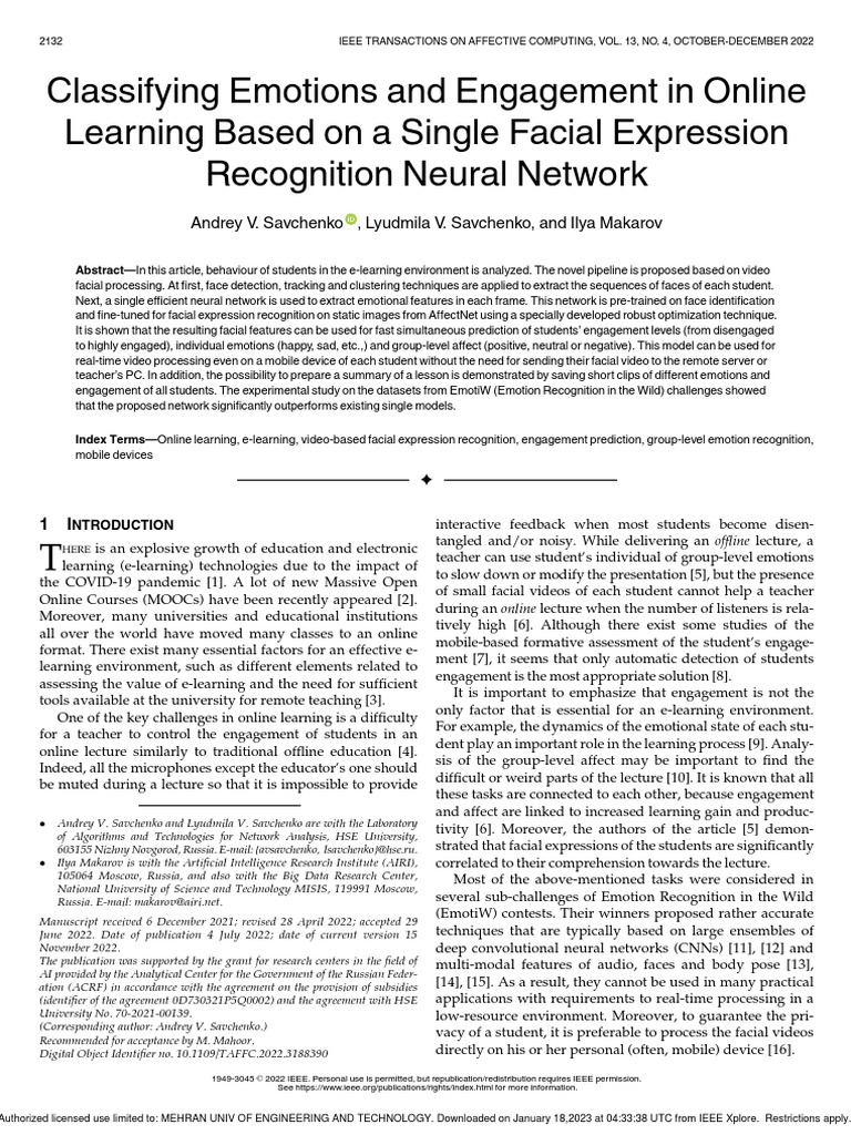 Classifying Emotions And Engagement In Online Learning Based On A Single Facial Expression