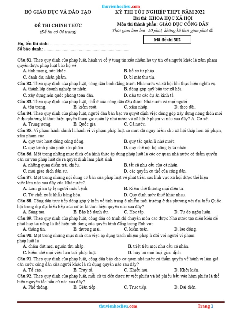De Thi TN THPT Mon GDCD 2022 Ma de 302 | PDF