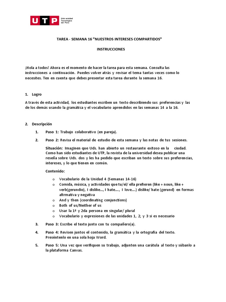 Semana 16 - Documento - Task | PDF | Puntuación | Gramática