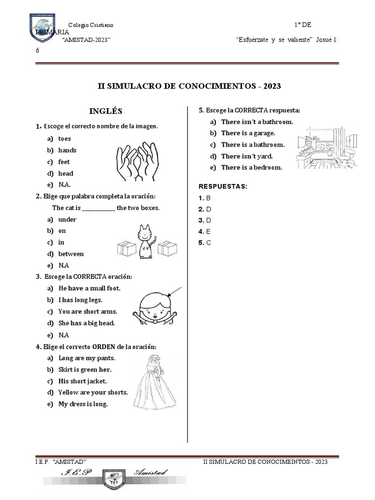 Formato de Simulacro - Inglés - 1er Primaria | PDF
