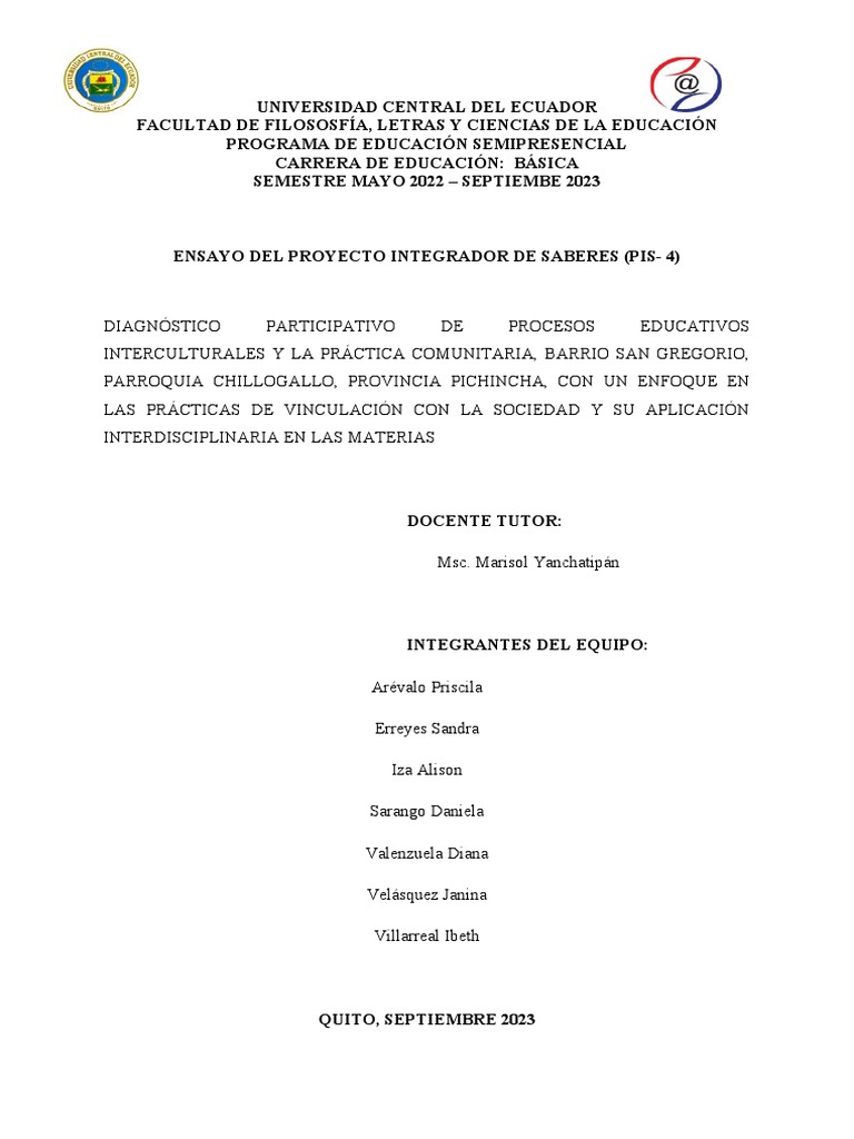 Ensayo Del Proyecto Integrador de Saberes Pis 4 | PDF | Aprendizaje | Enseñando