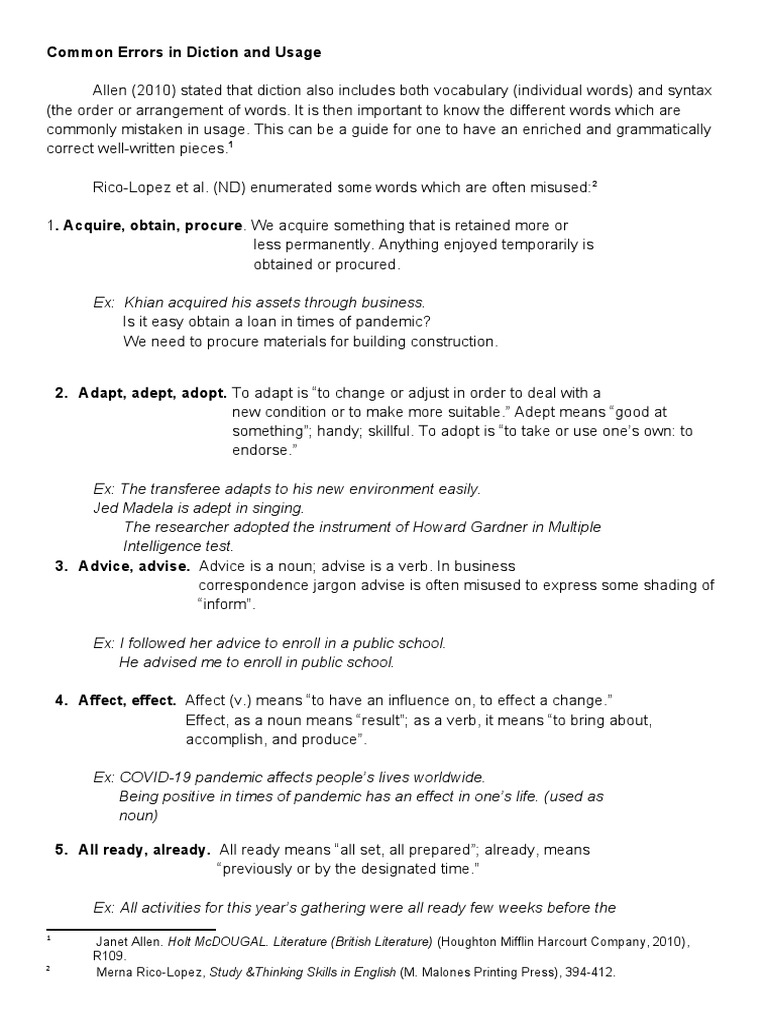 Common Errors In Diction And Usage Pdf Verb Language Mechanics